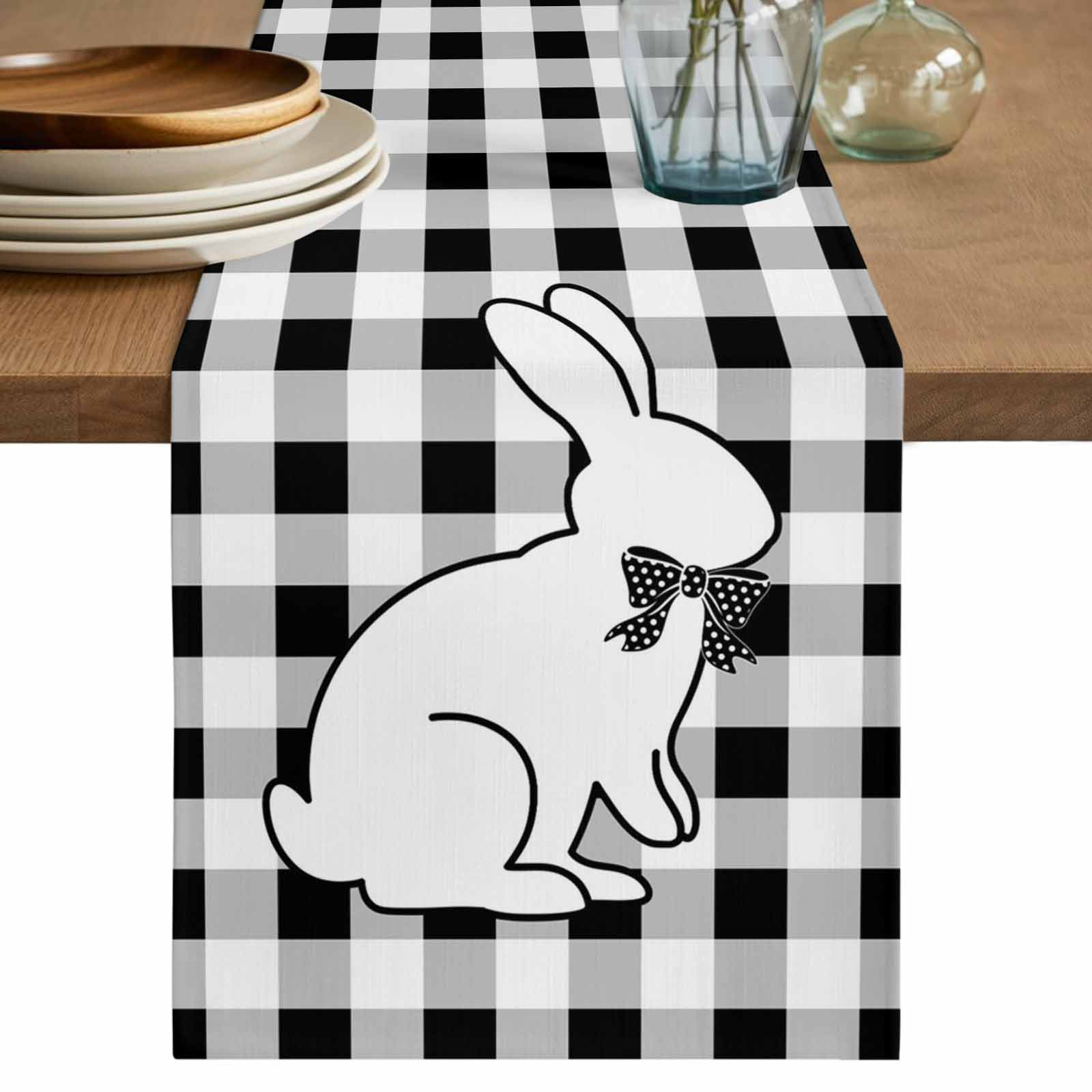 Easter Table Runner 72 Inches, Farmhouse Bow Bunny Black White Buffalo ...