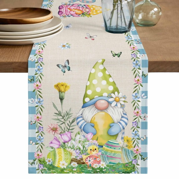Easter Table Runner 72 Inches, Gnomes Colorful Eggs Butterfly Flowers ...
