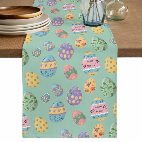 Easter Table Runner 72 Inches, Green Cartoon Colorful Eggs Flowers ...