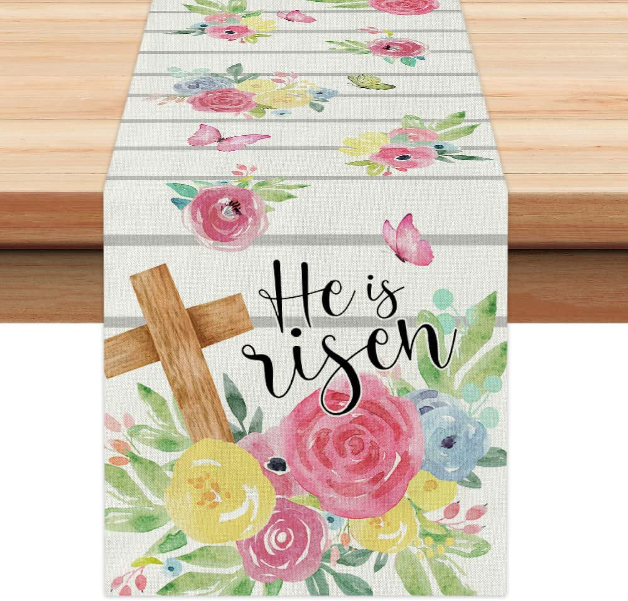 Easter Table Runner 72 Inches, He is Risen Cross Floral Coffee Home ...