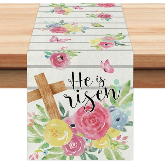 Easter Table Runner 72 Inches, He is Risen Cross Floral Coffee Home ...