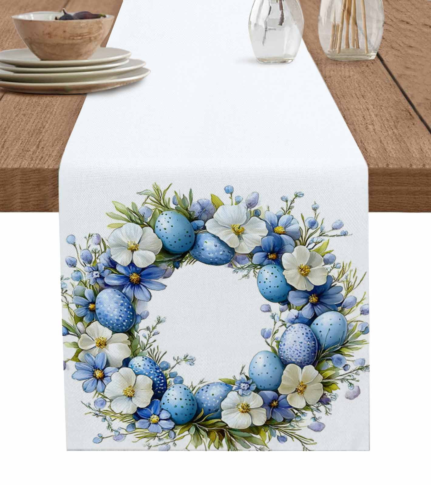 Easter Table Runner 72 Inches, Spring Blue Eggs Floral Wreath Herbs ...