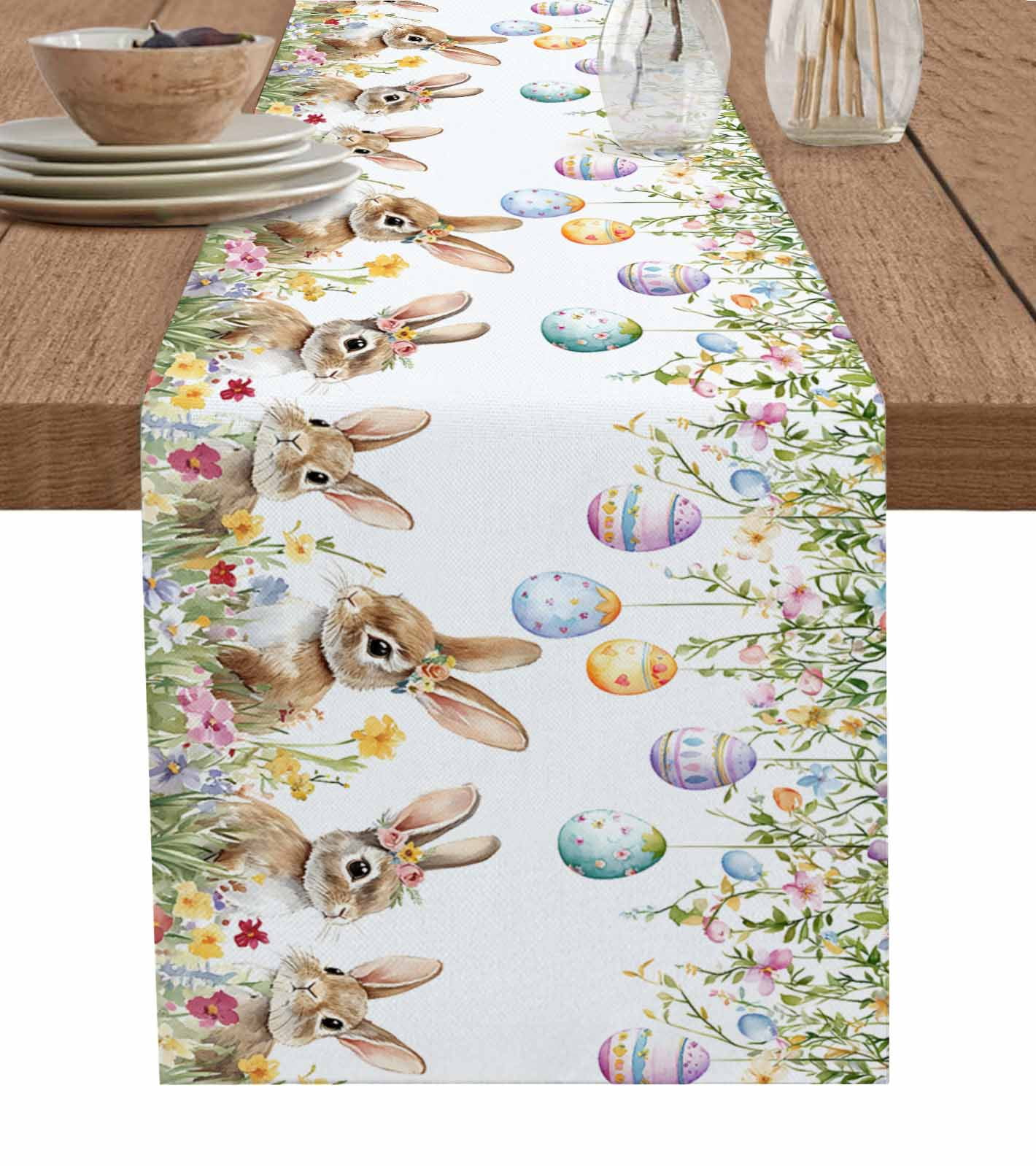 Easter Table Runner 72 Inches, Spring Bunny Rabbit Colorful Eggs Floral ...