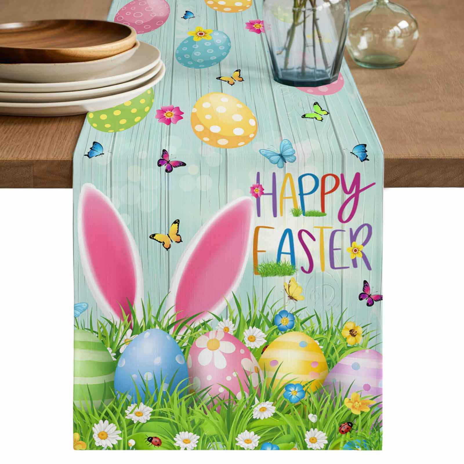 Easter Table Runner 72 Inches, Spring Easter Eggs Bunny Butterflies ...