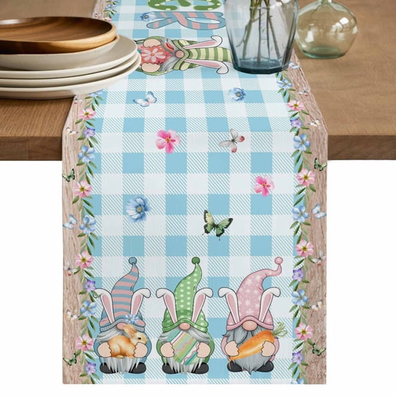 Easter Table Runner 72 Inches, Spring Gnomes Bunny Eggs Flowers Blue ...