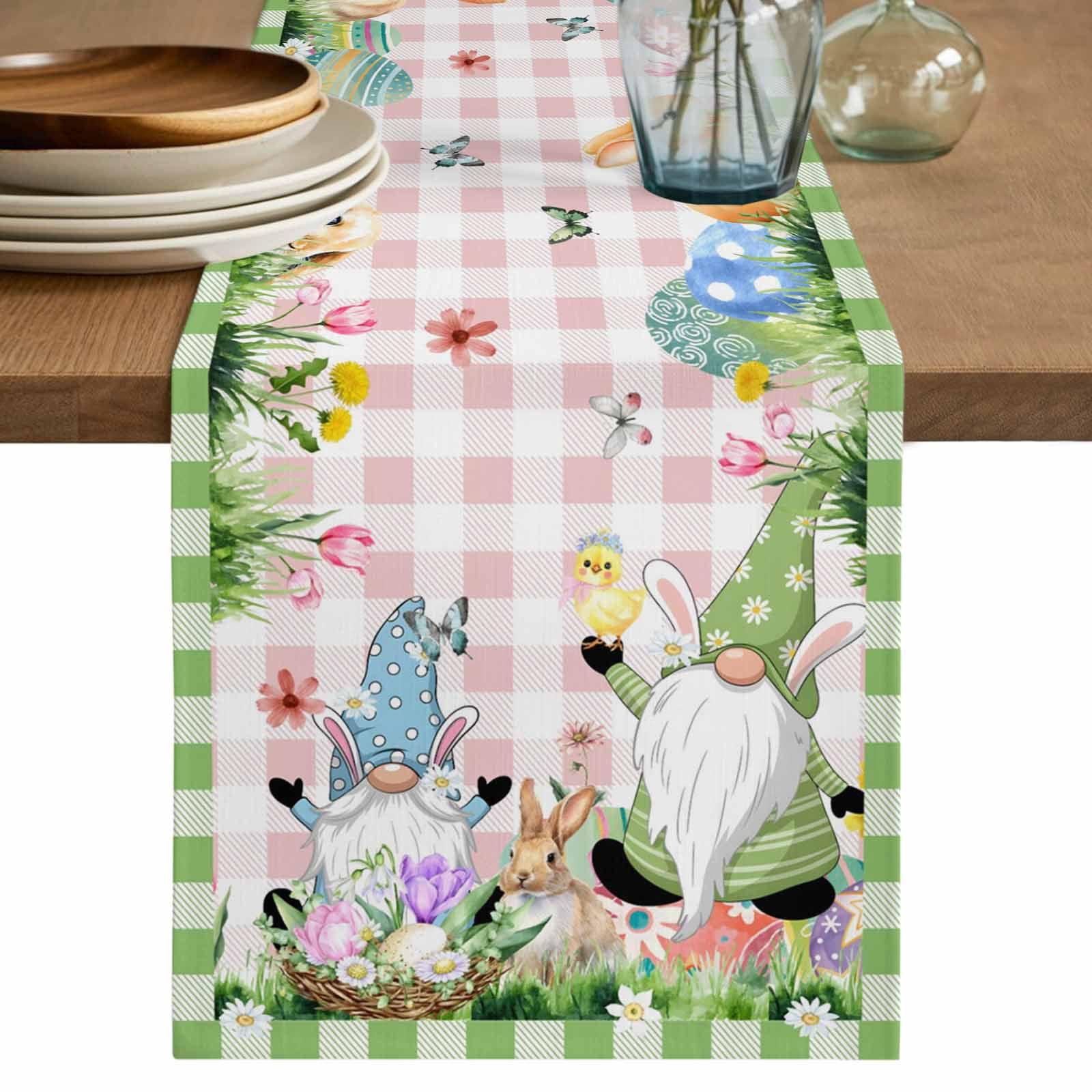 Easter Table Runner 72 Inches, Spring Gnomes Floral Bunny Duck Green ...
