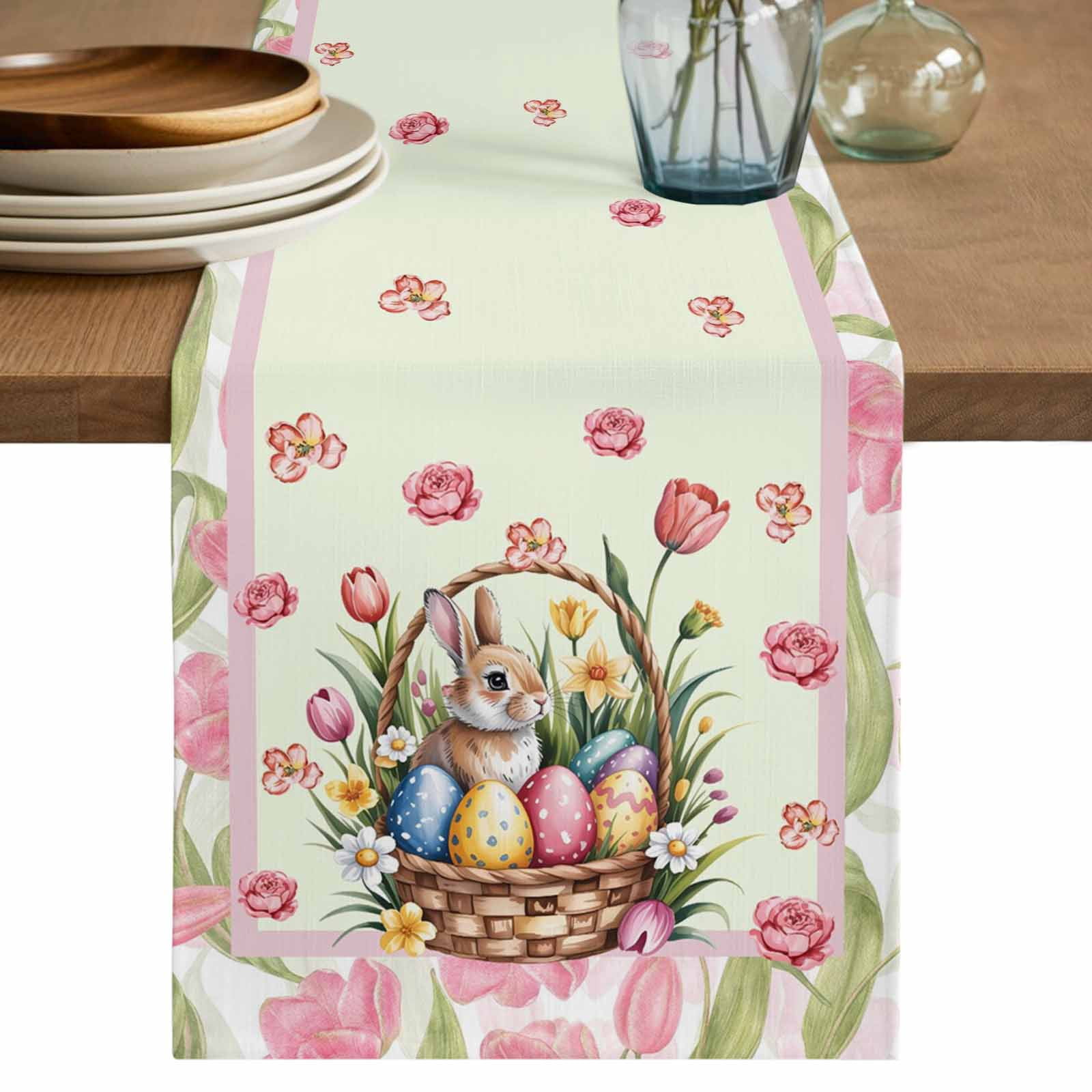 Easter Table Runner 72 Inches, Spring Rabbit Colorful Eggs Flowers ...