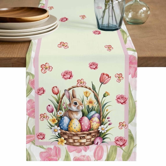 Easter Table Runner 72 Inches, Spring Rabbit Colorful Eggs Flowers ...
