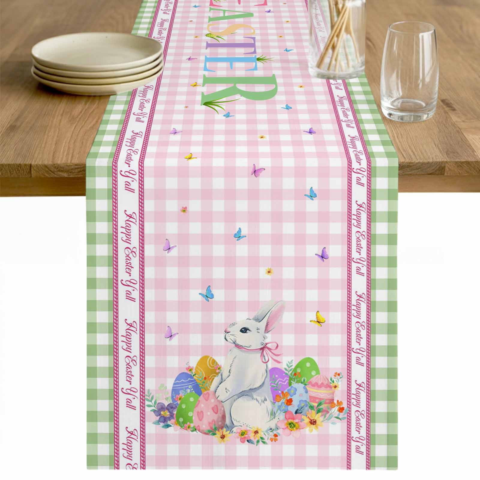 Easter Table Runner - 90 Inch Long Spring Watercolor Easter Eggs Bunny ...