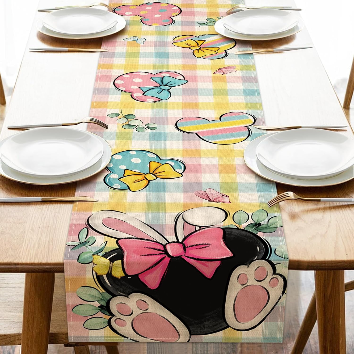 Easter Table Runner, Bunny Ears Colorful Plaid Check Farmhouse Kitchen Dining Table Decoration ...