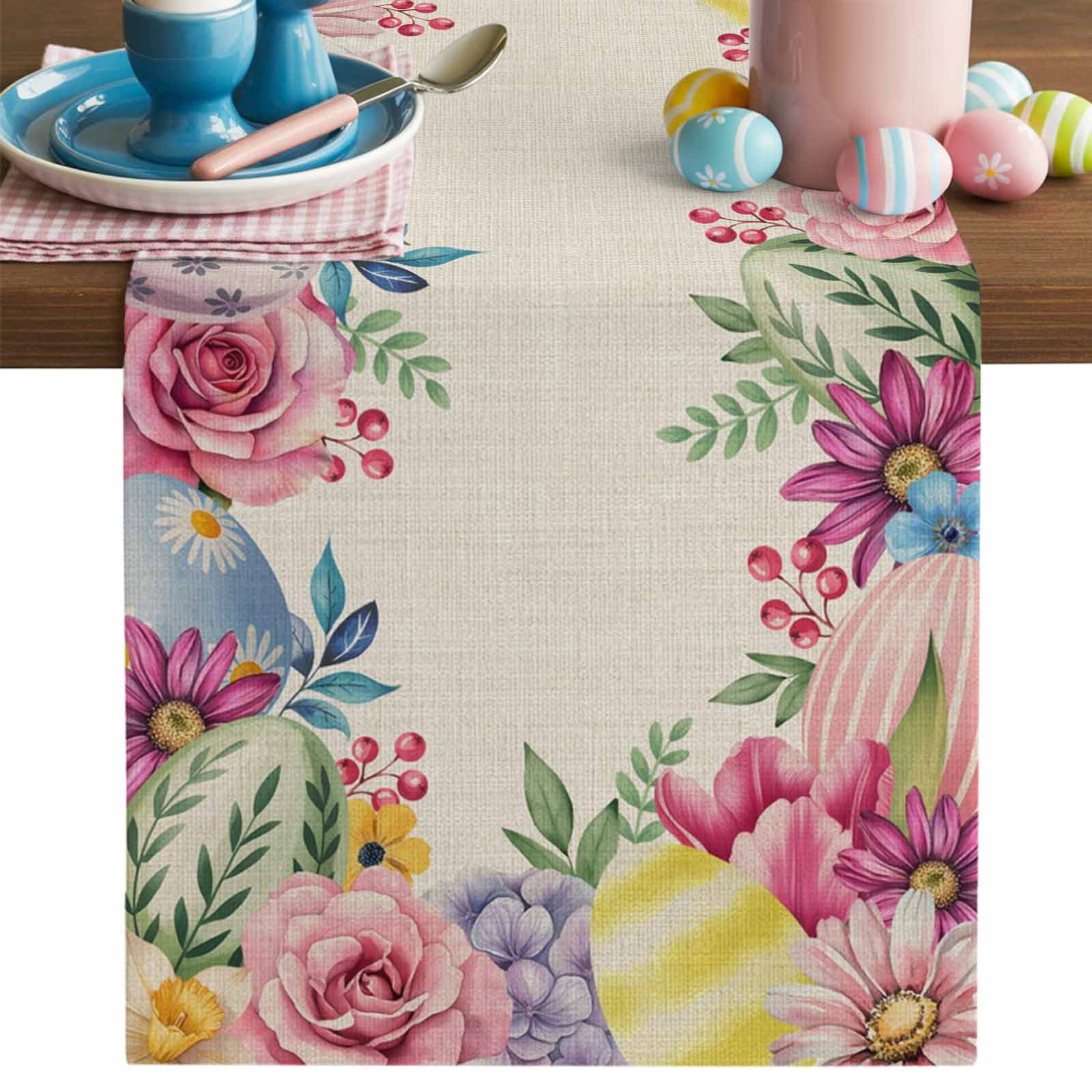 Easter Table Runner, Colorful Eggs Roses Tulips Daisy Berries Retro ...