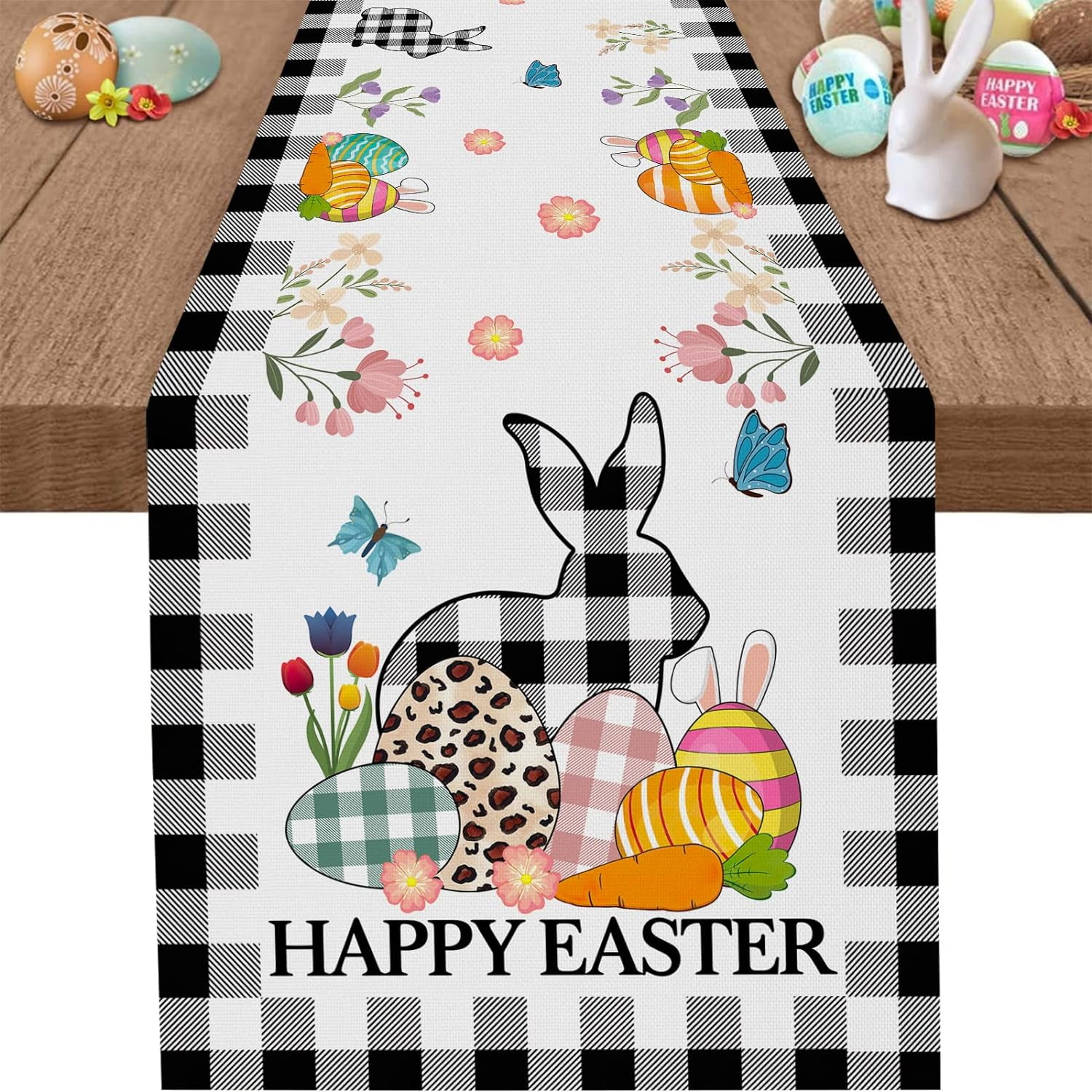Easter Table Runner Easter Bunny Eggs Table Runner Buffalo Plaid Linen ...