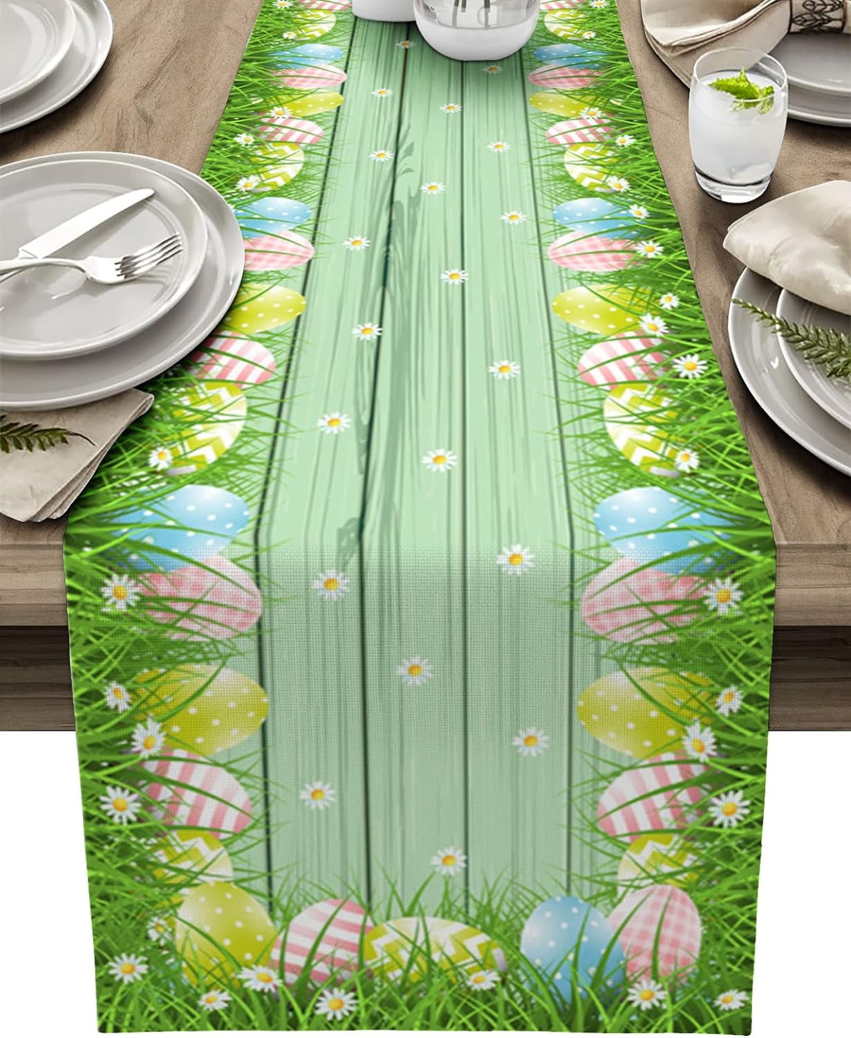 Easter Table Runner Egg Grassland Spring Daisy Teal Dresser Scarf Linen ...