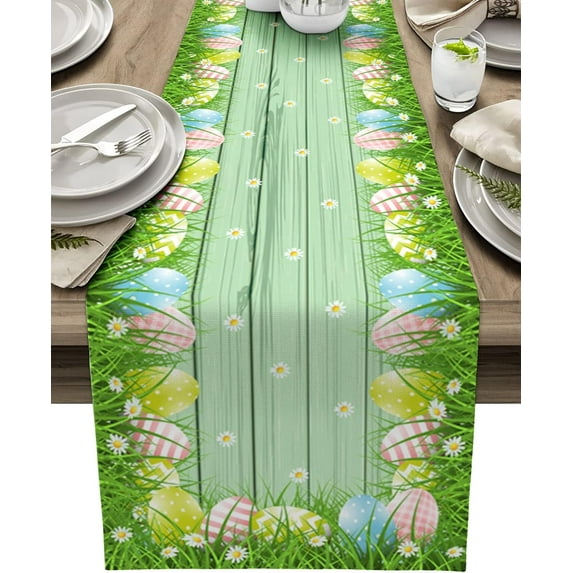 Easter Table Runner Egg Grassland Spring Daisy Teal Dresser Scarf Linen Table Runners for ...