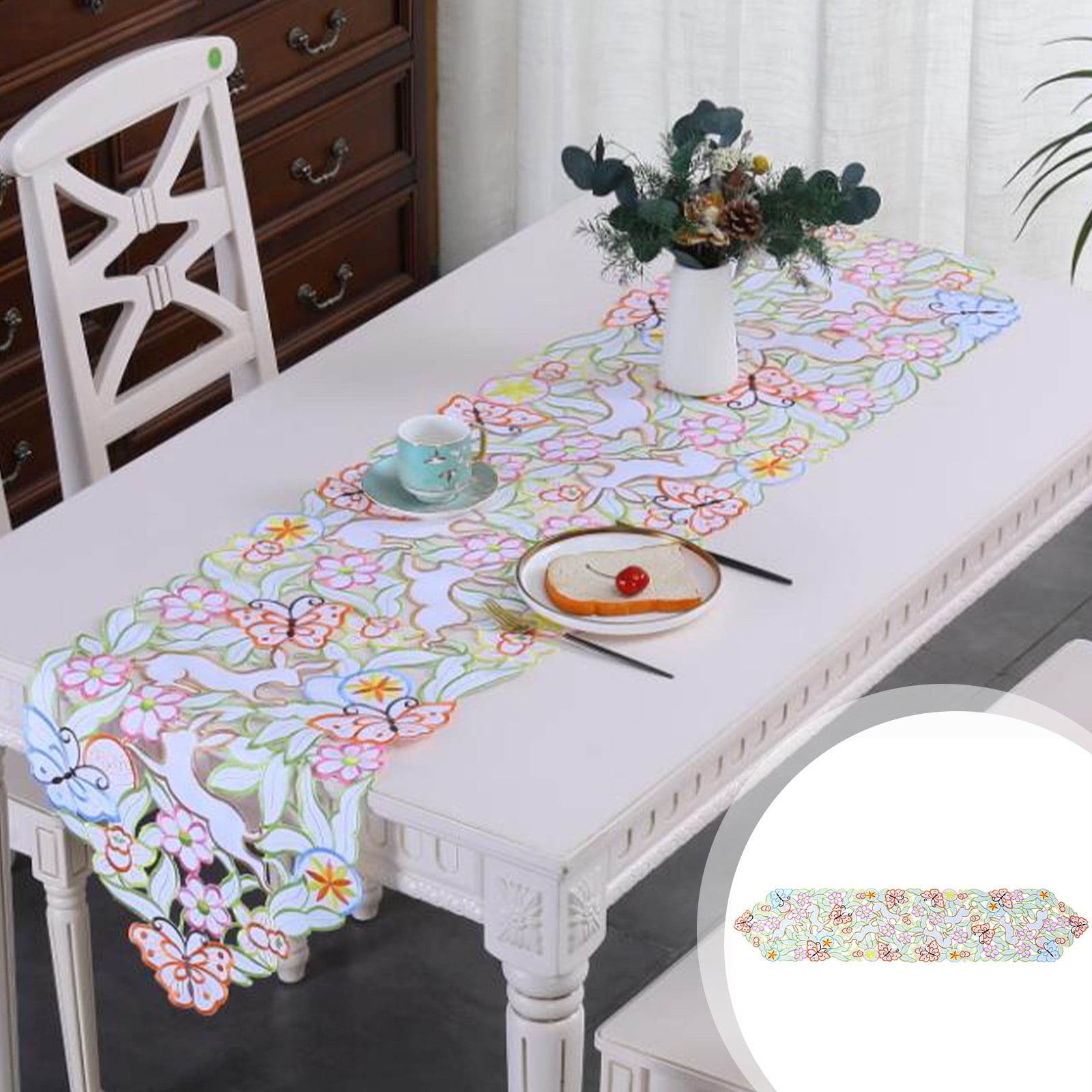 Easter Table Runner Embroidered Bunny Pink Colorful Cutwork Seasonal ...
