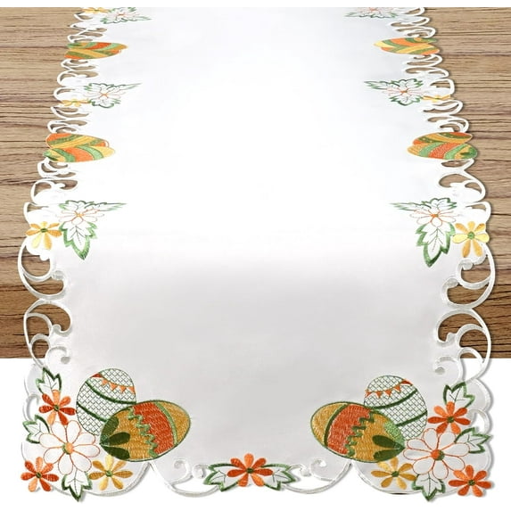 Easter Table Runner – Embroidered Egg & Flower Design, Elegant Lace ...