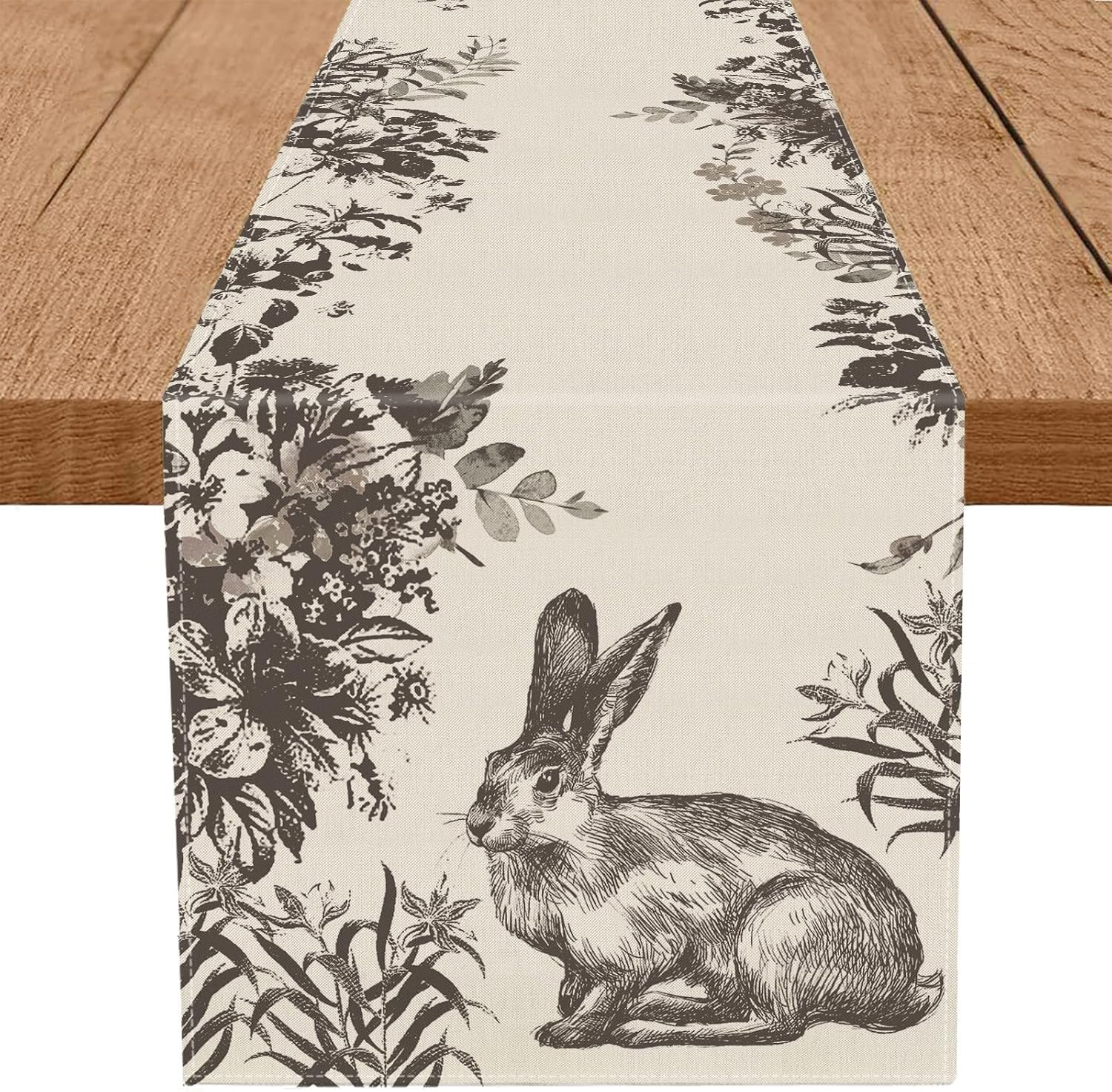 Easter Table Runner Ink Floral Bunny Long Table Runners Spring Holiday ...