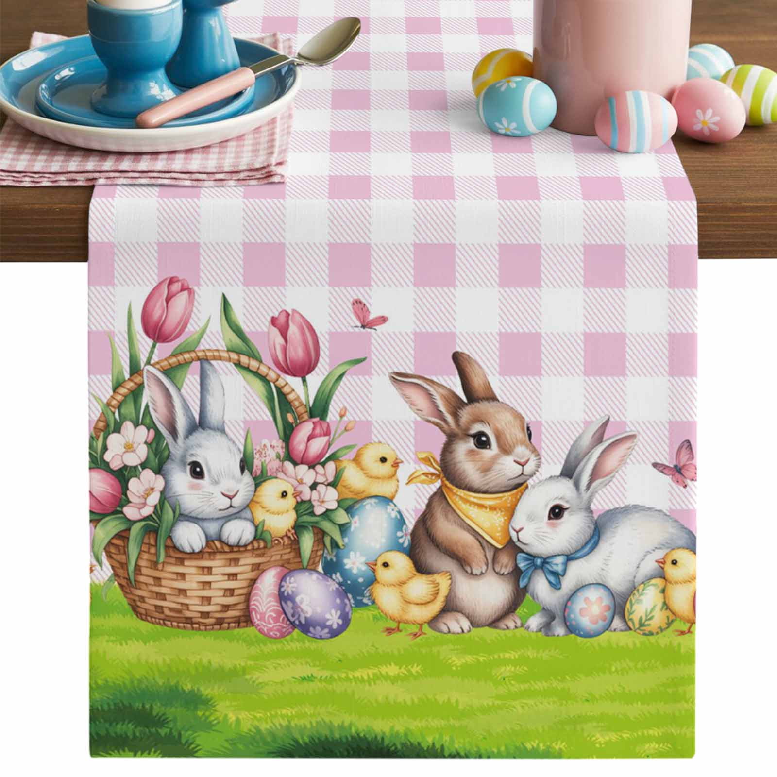 Easter Table Runner, Oil-Painting Cute Rabbits Chickens Flowers Bunny ...