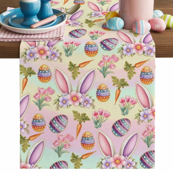 Easter Table Runner, Rabbit Ears Eggs Carrots Floral Gradient Pink Blue ...
