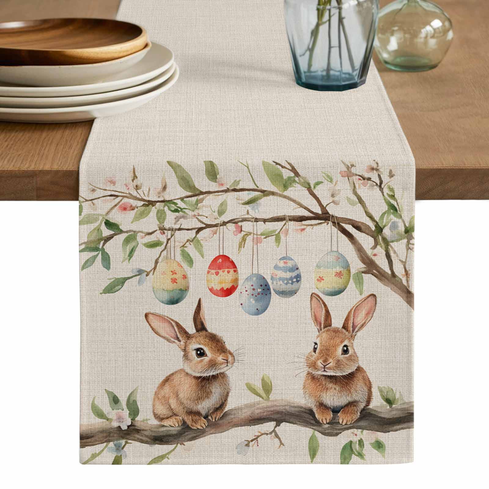 Easter Table Runner, Retro Rabbit Egg Tree Leaves Painting Spring ...