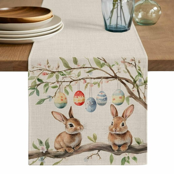 Easter Table Runner, Retro Rabbit Egg Tree Leaves Painting Spring ...