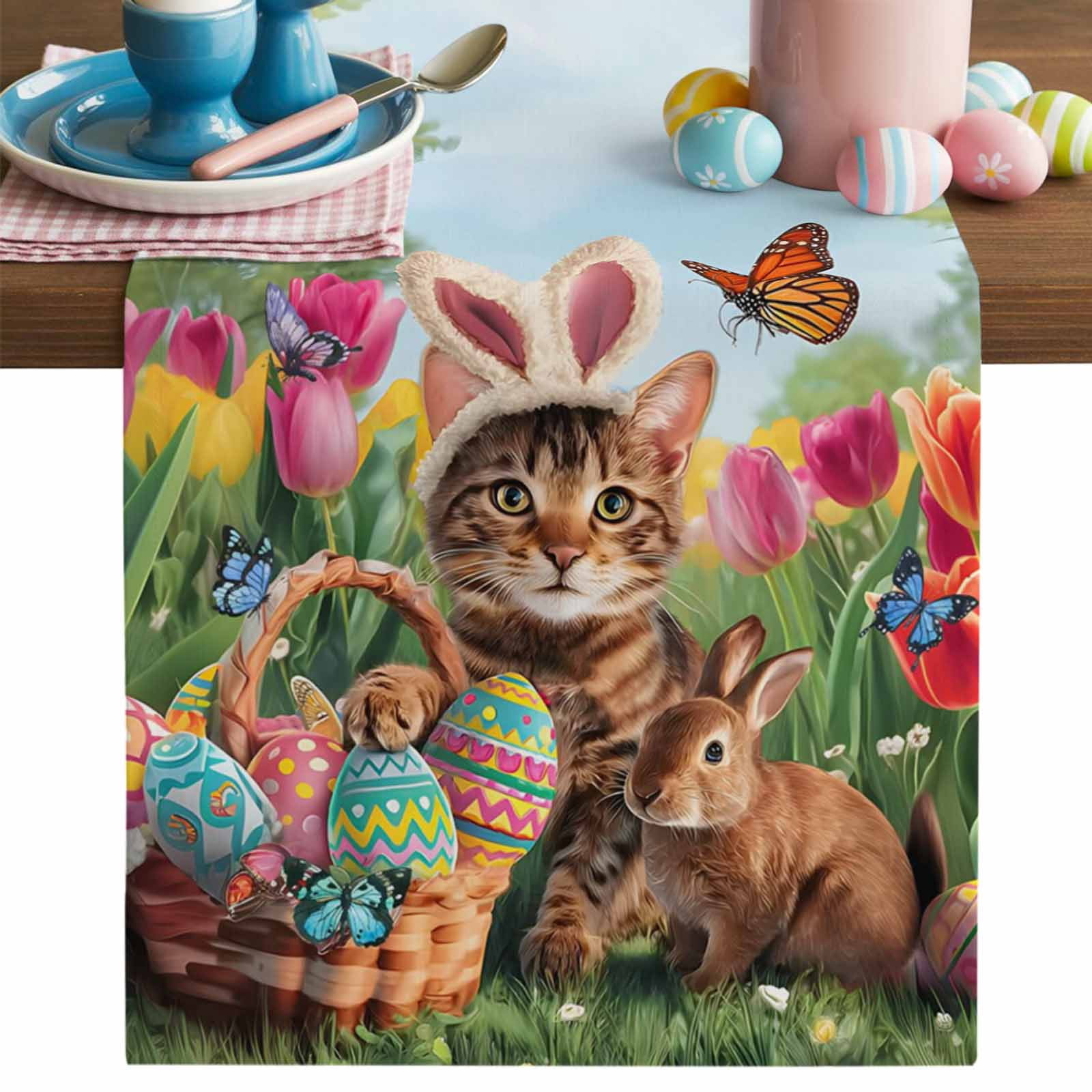 Easter Table Runner, Spring Cat Rabbit Butterfly Basket Eggs Floral ...