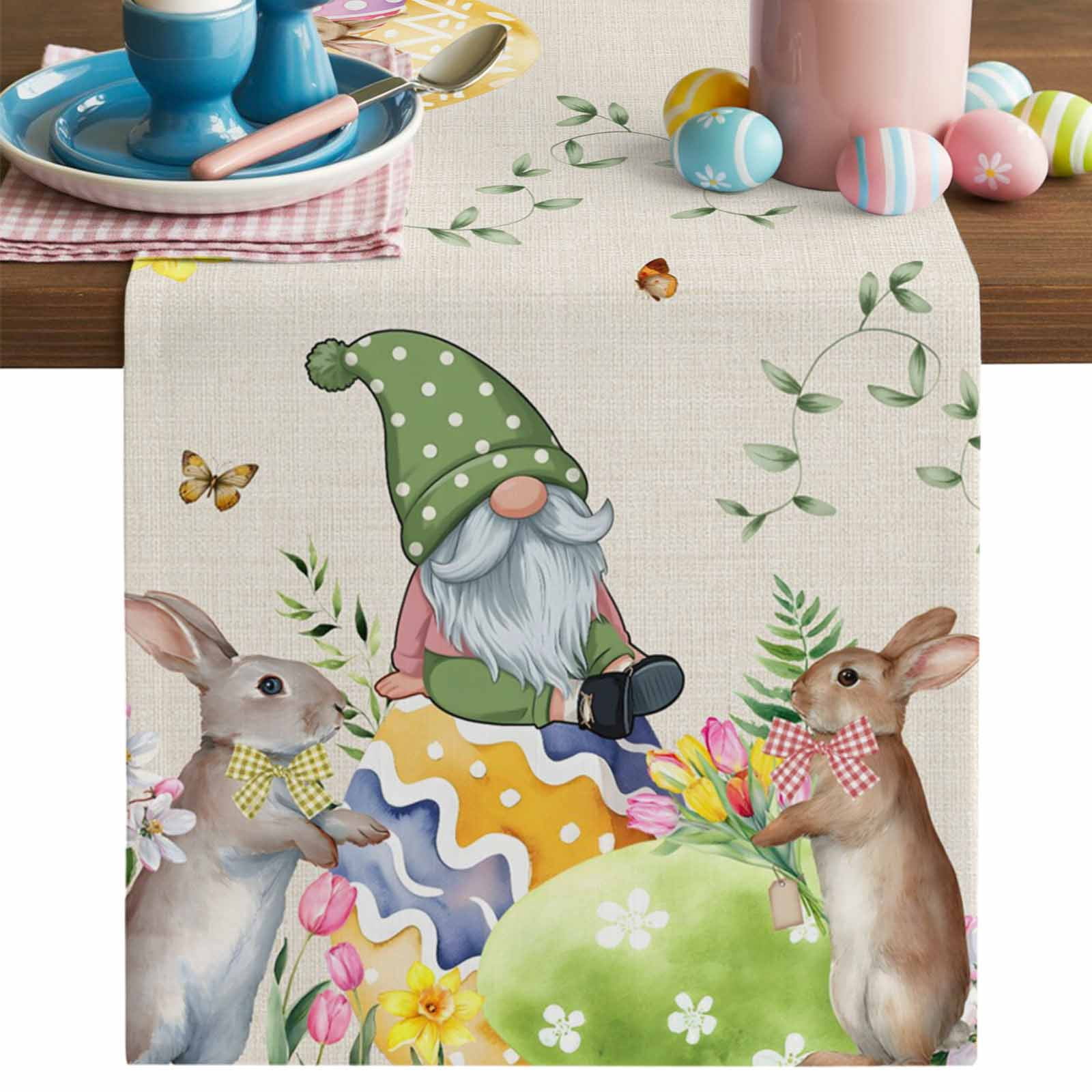 Easter Table Runner, Spring Gnomes Bunny Floral Green Easter Eggs Leaf ...