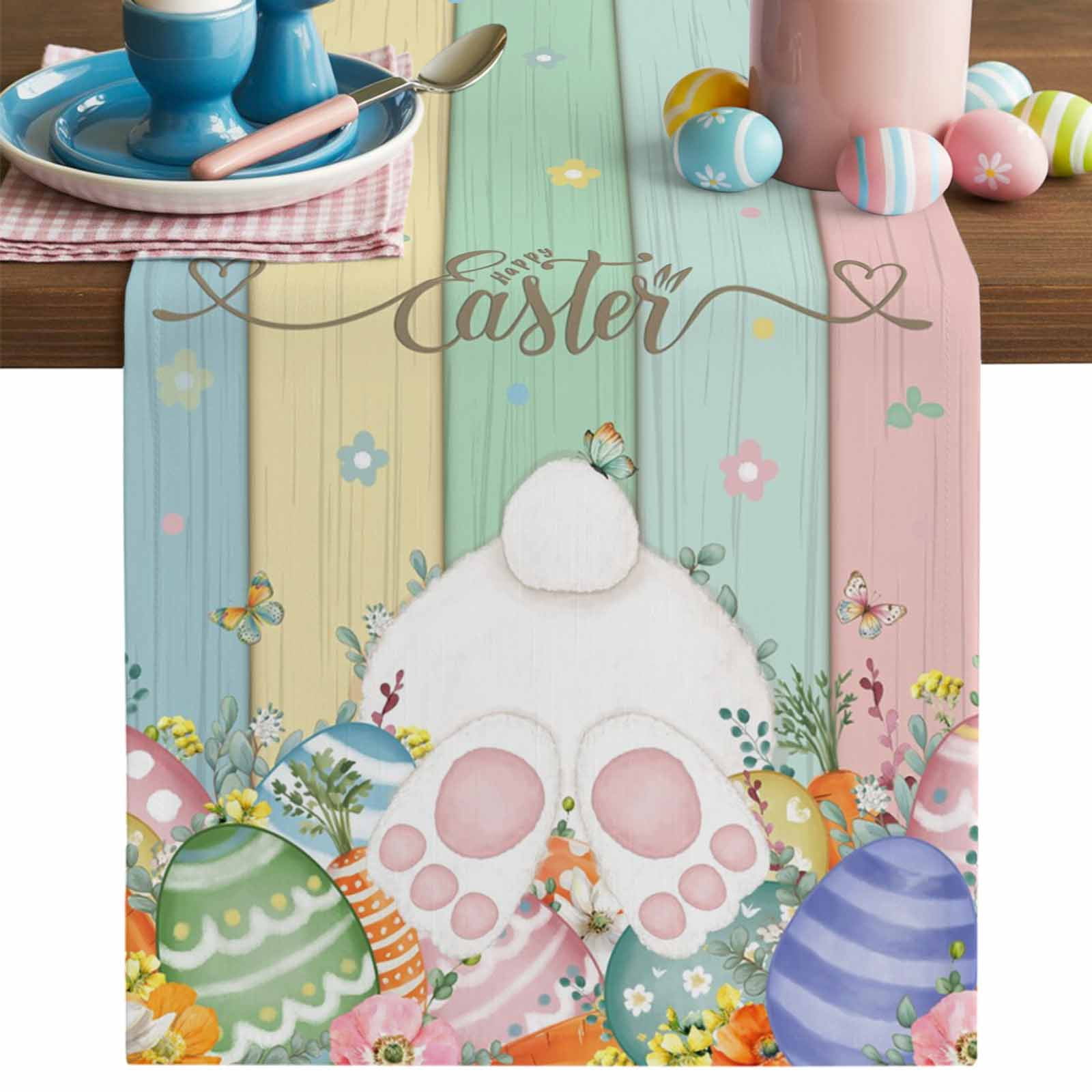 Easter Table Runner, Spring White Rabbit Tail Eggs Floral Colored Wood ...