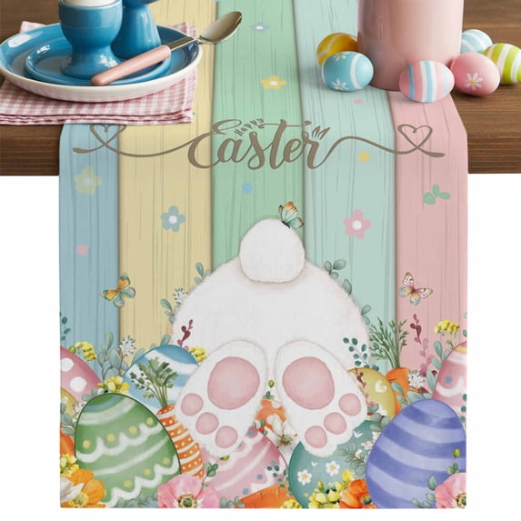 Easter Table Runner, Spring White Rabbit Tail Eggs Floral Colored Wood ...