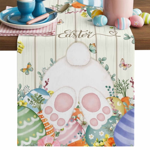 Easter Table Runner, Spring White Rabbit Tail Eggs Floral Leaf Beige ...