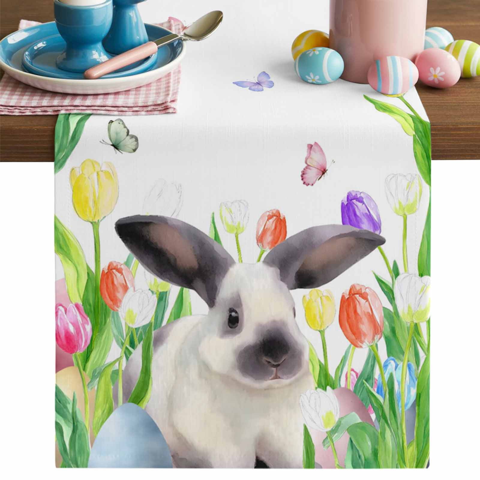 Easter Table Runner, Watercolor Spring Rabbit Floral Eggs Butterfly ...