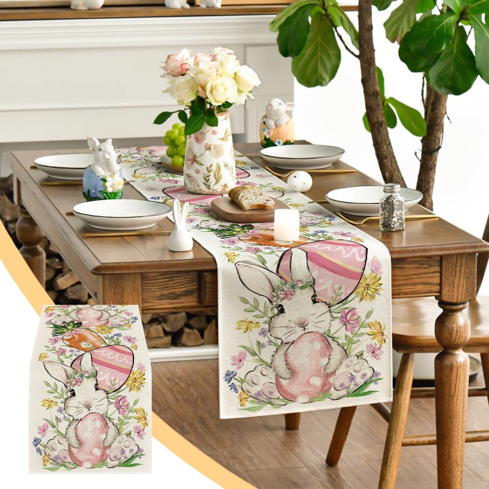 Easter Table Runner with Floral Texture - Waterproof 13x72in Polyester ...