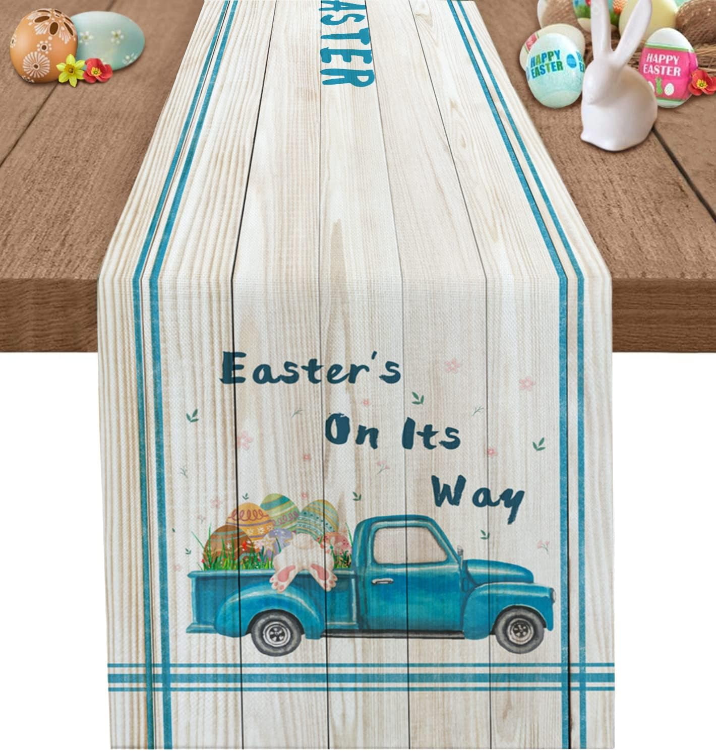 Easter Table Runners 36 inches, Blue Farm Truck Cotton Linen Spring ...