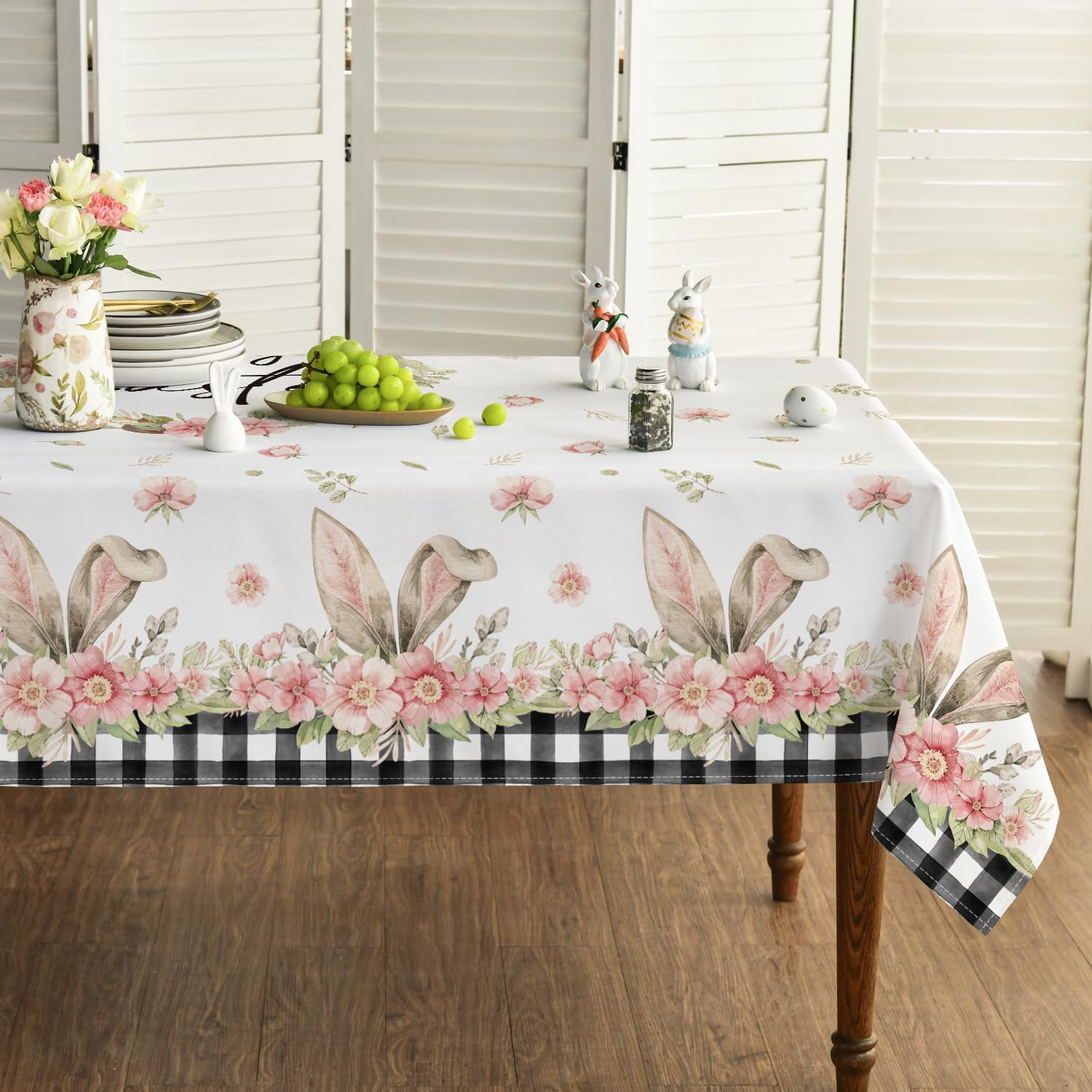 Easter Tablecloth 52x70 Inch Rectangular, Spring Flower Buffalo Plaid ...