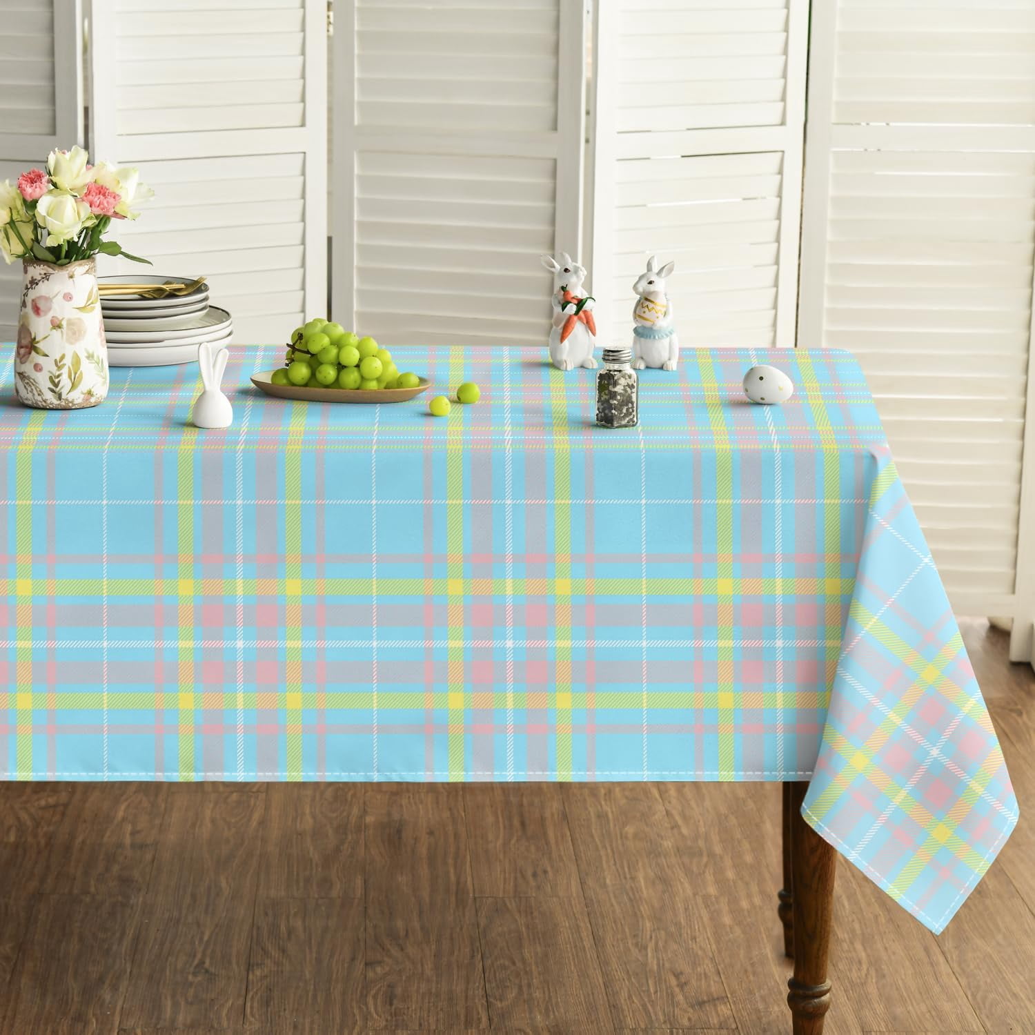 Easter Tablecloth 60×60 Inch Square, Blue Buffalo Plaid Washable ...