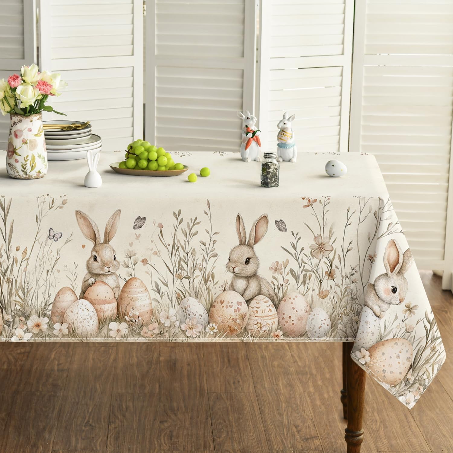 Easter Tablecloth 60×84 Inch Rectangular, Beige Easter Bunny Egg ...