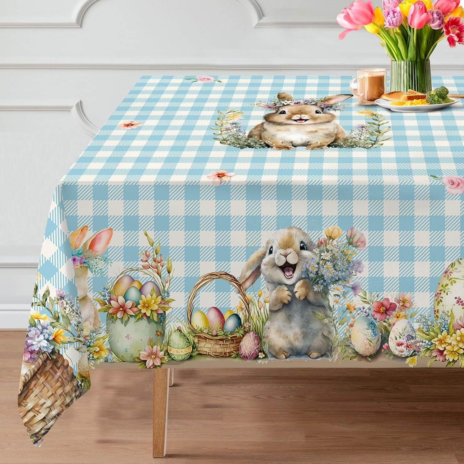 Easter Tablecloth 60x120 for Recatangle Table - Bunny Blue Plaid Easter ...