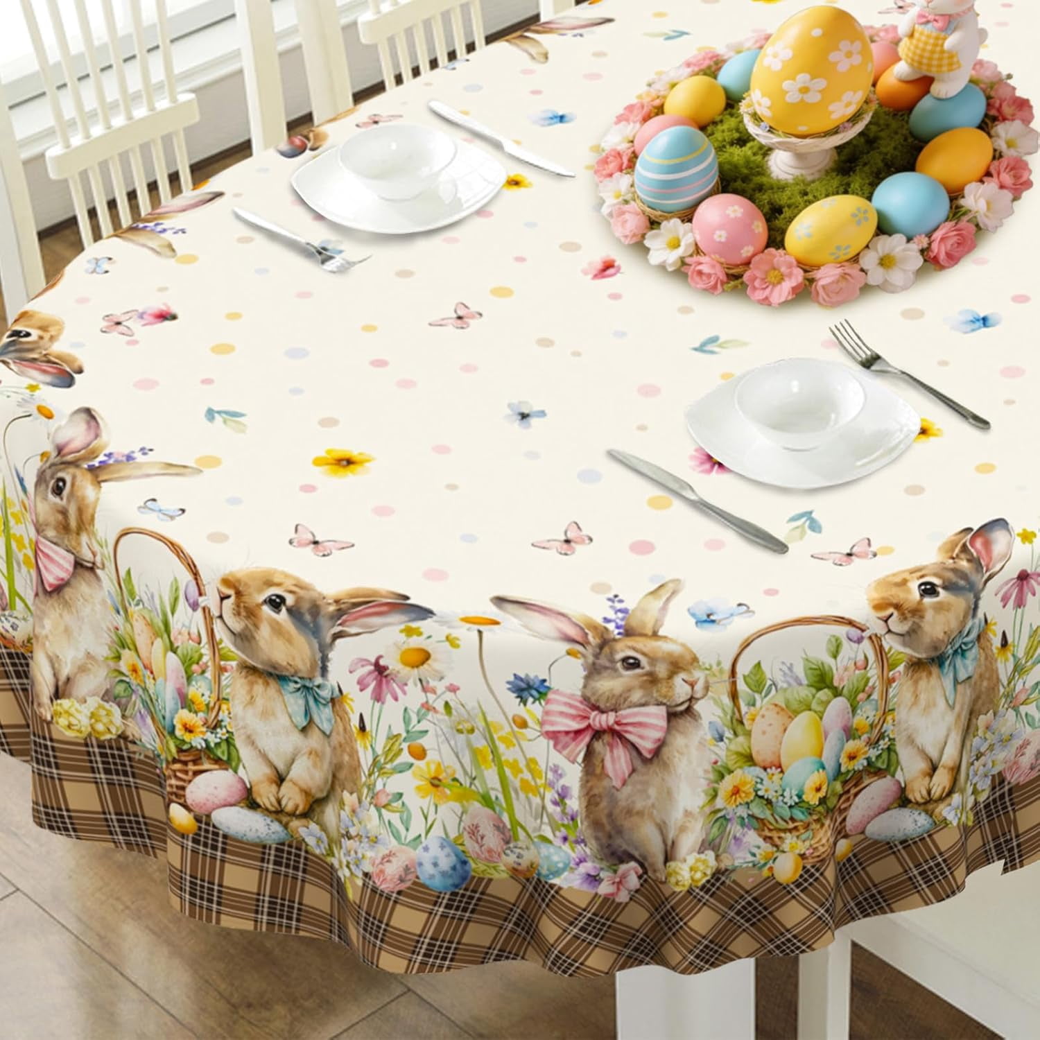 Easter Tablecloth 60x84 Inch, Farmhouse Cute Bunny and Eggs Table ...