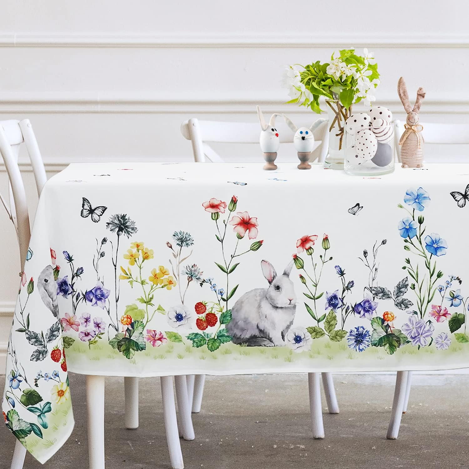 Easter Tablecloth, Fabric Spring Floral Easter Coloring Bunny Rectangle ...