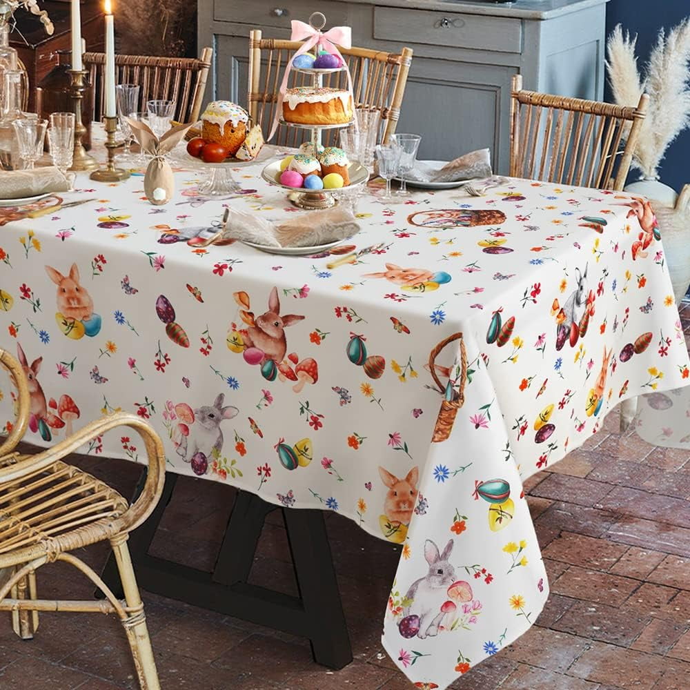 Easter Tablecloth, Fabric Spring Floral Easter Coloring Eggs Bunny ...