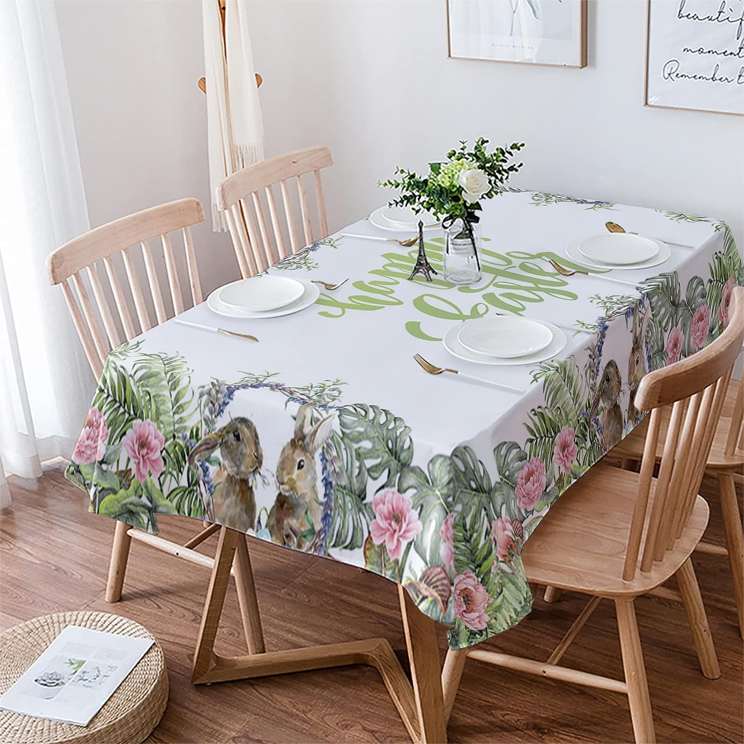Easter Tablecloth Rectangle/Oval Spring Bunny Tropical Plants Table Cloth Outdoor Waterproof ...