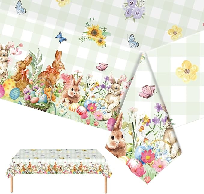 Easter Tablecloth Square 54 x 108 Inch, Spring Floral Bunny Eggs Fabric ...