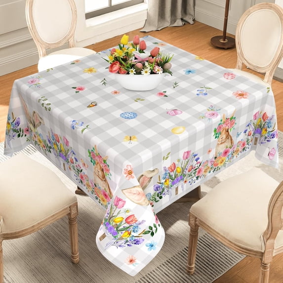 Easter Tablecloth Square 60x60 Inch, Spring Floral Bunny Buffalo Plaid ...