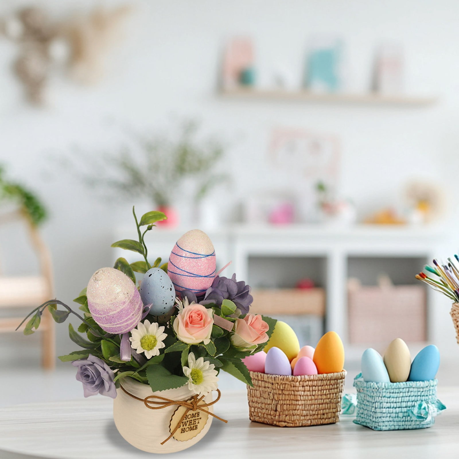 Easter Tabletop Decor Faux Floral Arrangement with Potted Green Plants ...