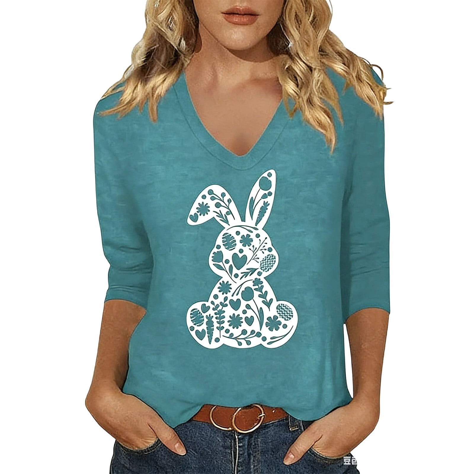 Easter Tank Tops for Women Print Collar 3/4 Sleeve Tees for Girls,Mint ...