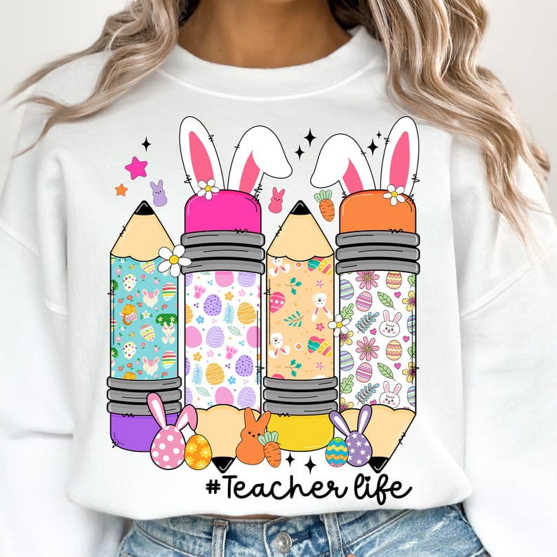 Easter Teacher Sweatshirt, Bunny Pencil Teacher Life Shirt, Cute Easter ...
