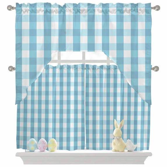 Easter Teal Swag Curtains Valance & Tier Set, Lattice Plaid 3 Pcs Set ...