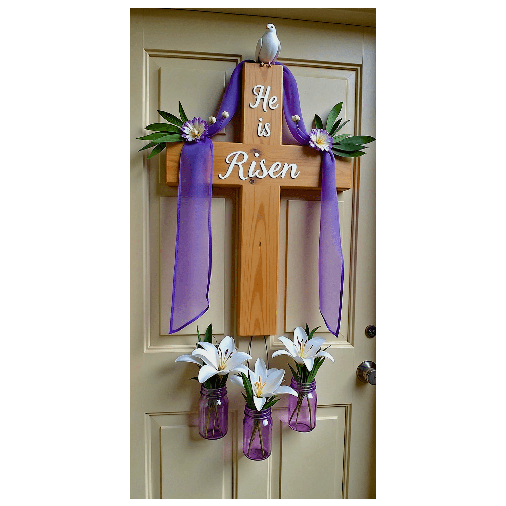 Easter Themed Cross Shaped Banner with Purple Drape White Lily Flowers ...