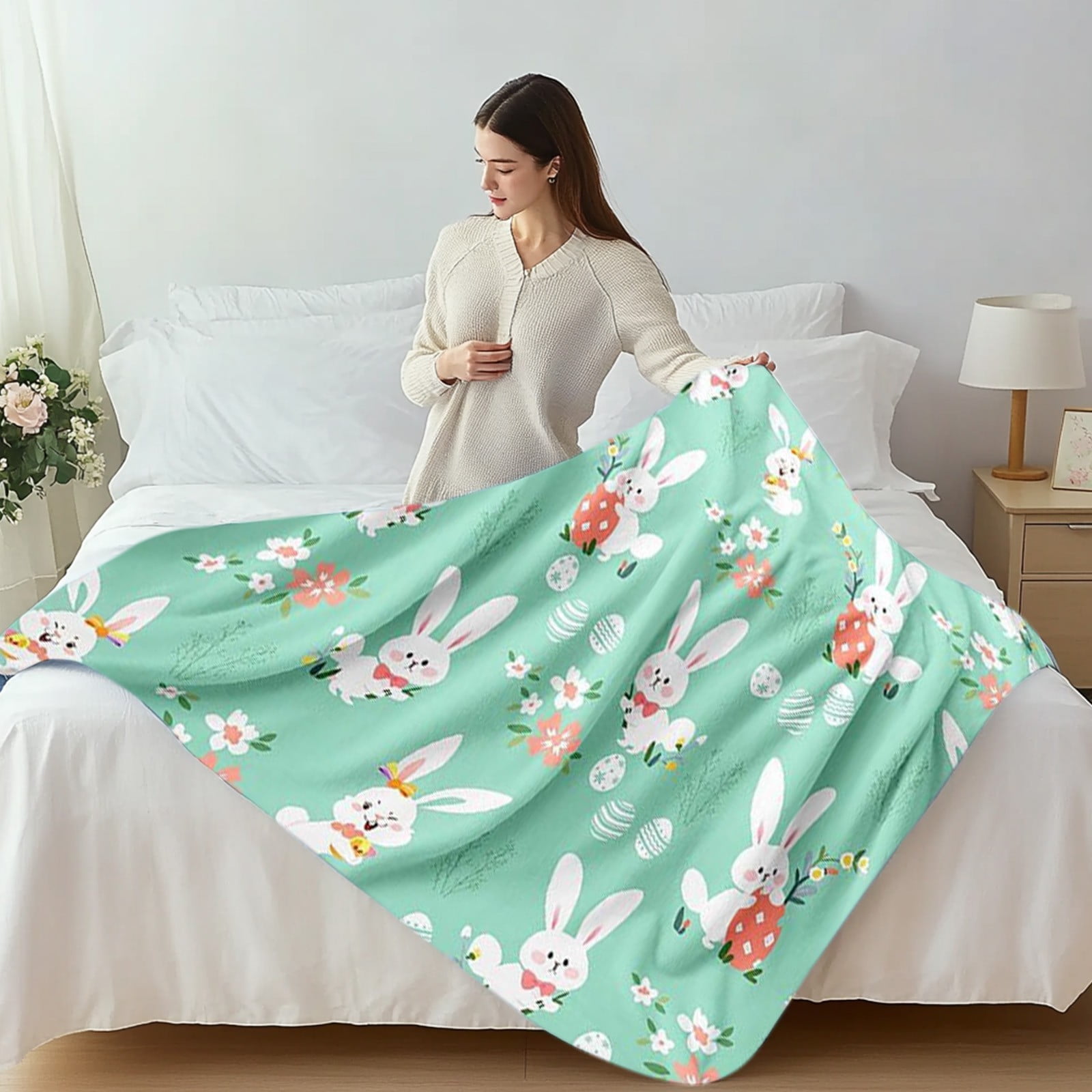 Easter Themed Flannel Sofa Blanket 39.37x27.55in Cute Bunny And ...