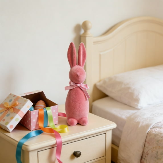 Easter Themed Flocked Bow Standing Bunny Figurine for Home Party Decor ...